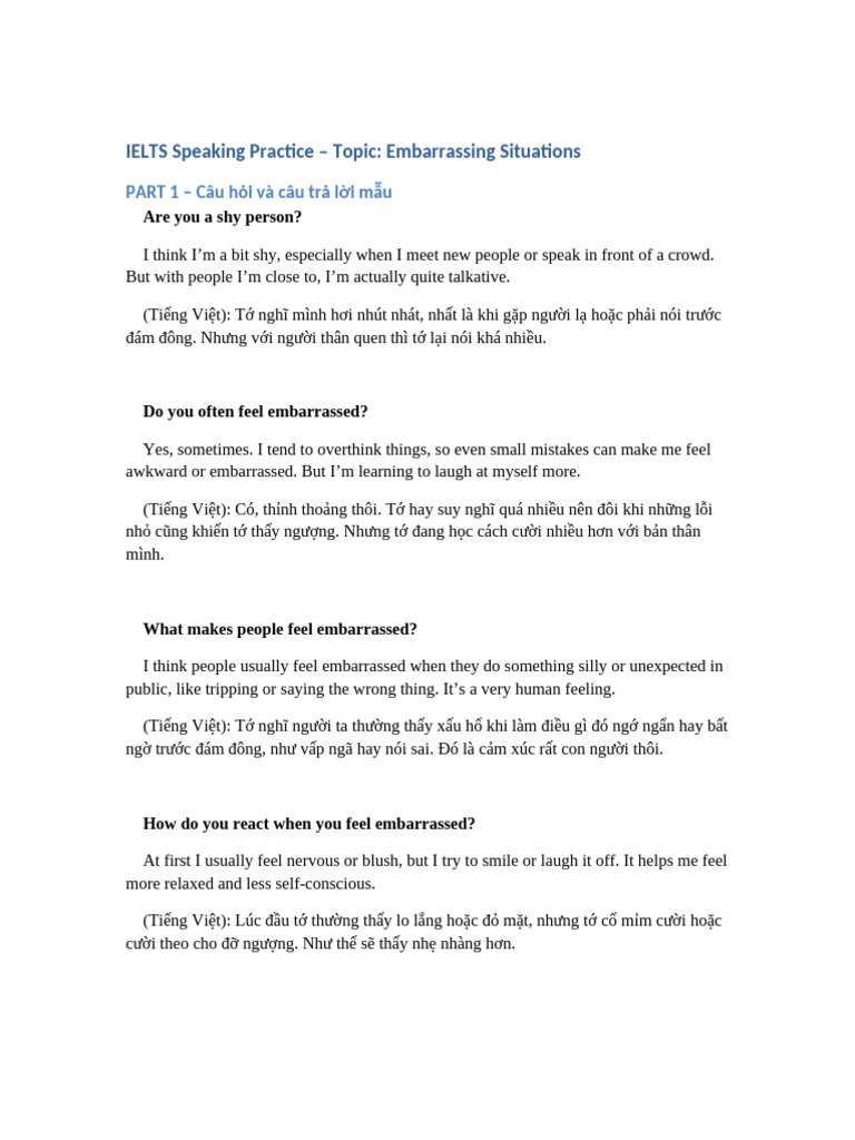 IELTS Speaking Embarrassing Situations FULL | PDF
