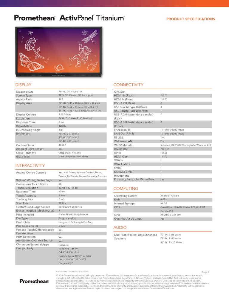 ActivPanel Titanium Specs Overview | PDF | Liquid Crystal Display | Usb