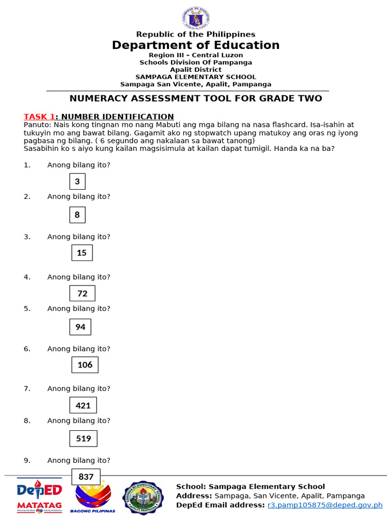 Numeracy Assessment Tool For Grade 2 | PDF