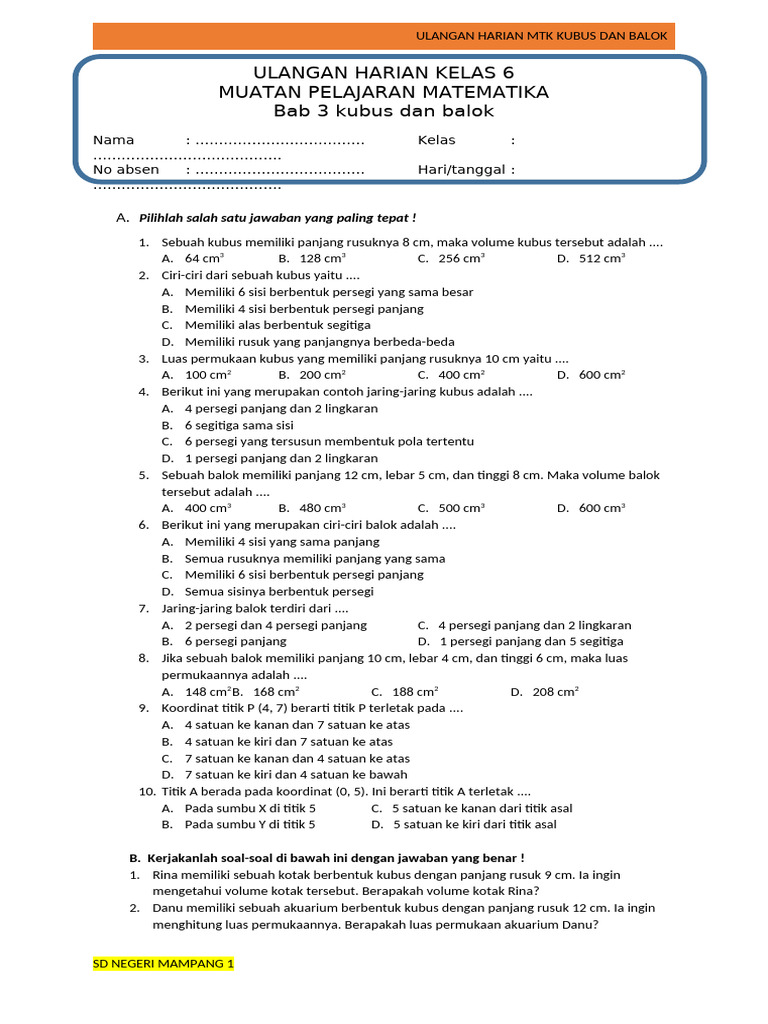 UH MTK BAB 3 Kubus Dan Balok | PDF