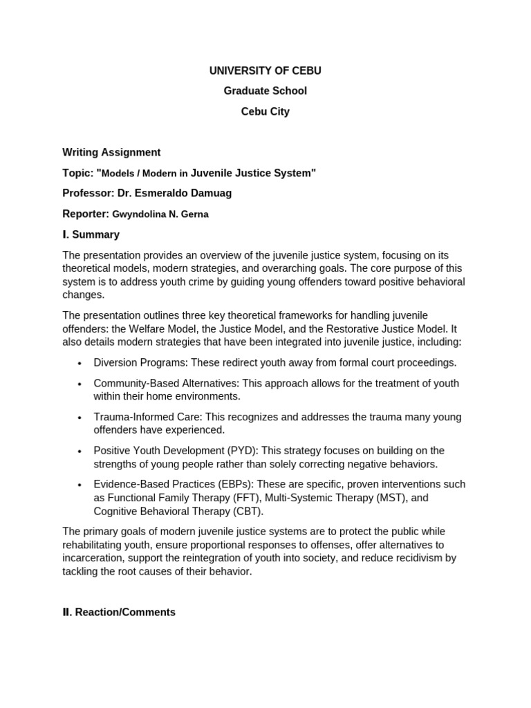 WRITING ASSIGNMENT Reporter Gwyndolina Gerna | PDF | Juvenile Court ...