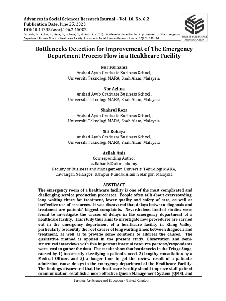 Bottlenecks Detection For Improvement of The Emergency Department Process Flow in A Healthcare ...