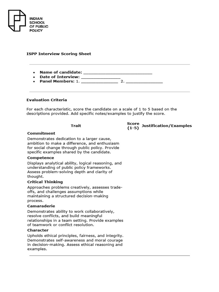 ISPP Interview Scoring Sheet | PDF | Critical Thinking | Evaluation