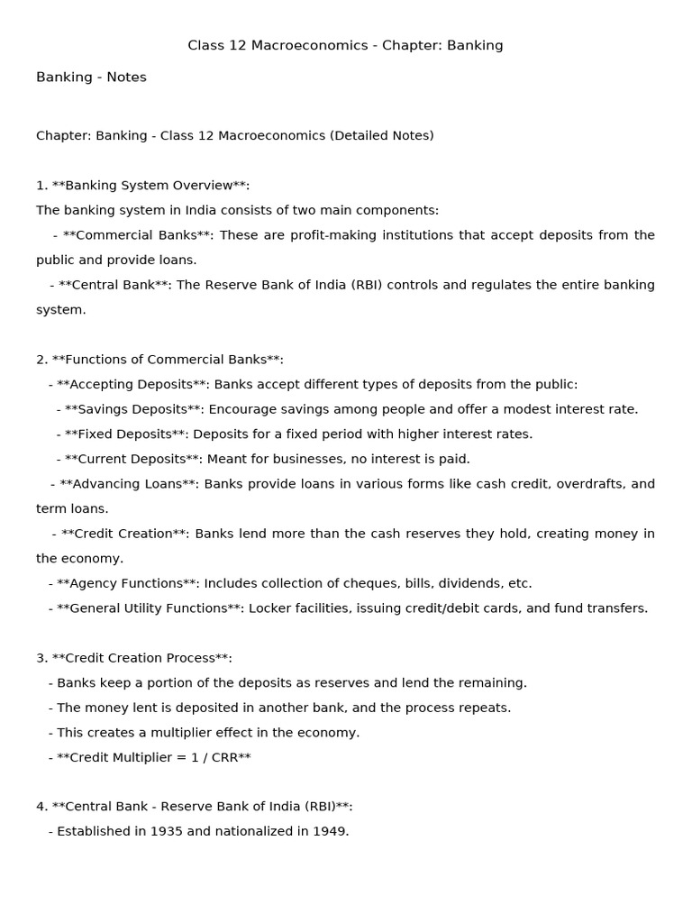 Class 12 Banking Notes Overview | PDF | Banks | Reserve Bank Of India