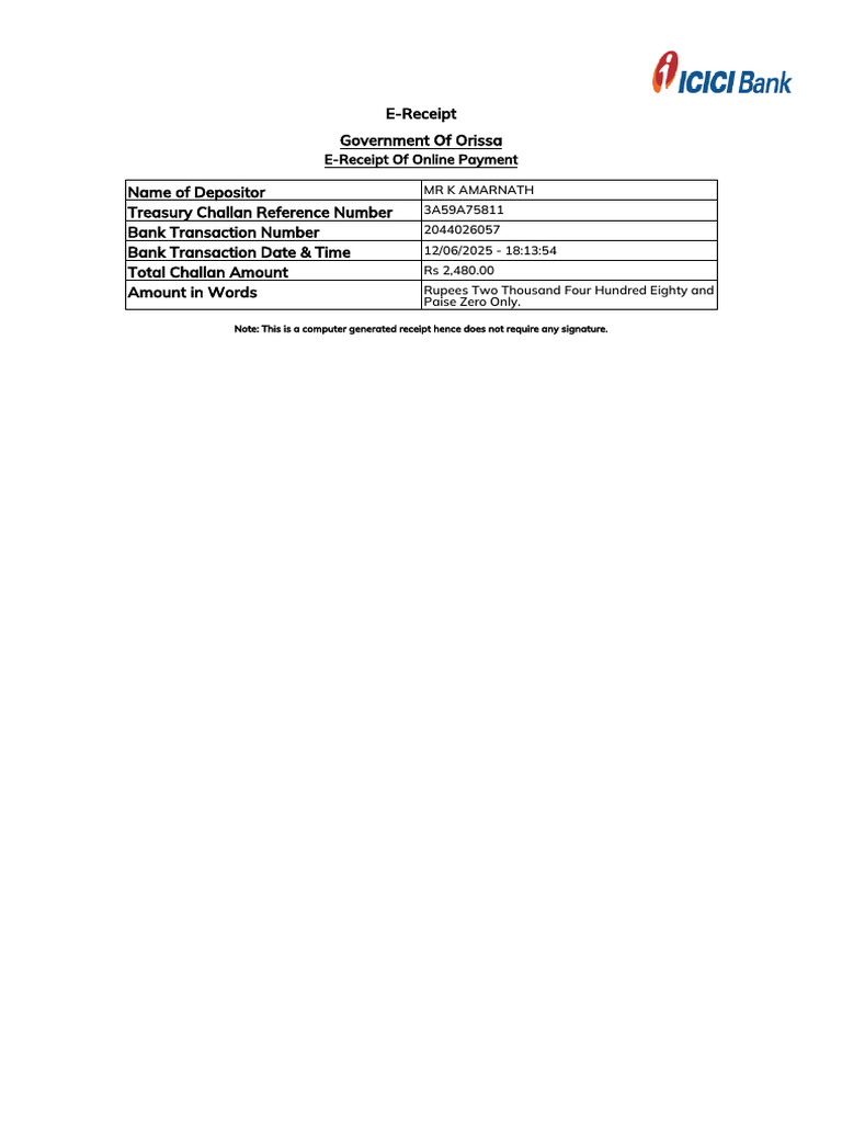 Odisha Online Treasury Challan Receipt | PDF