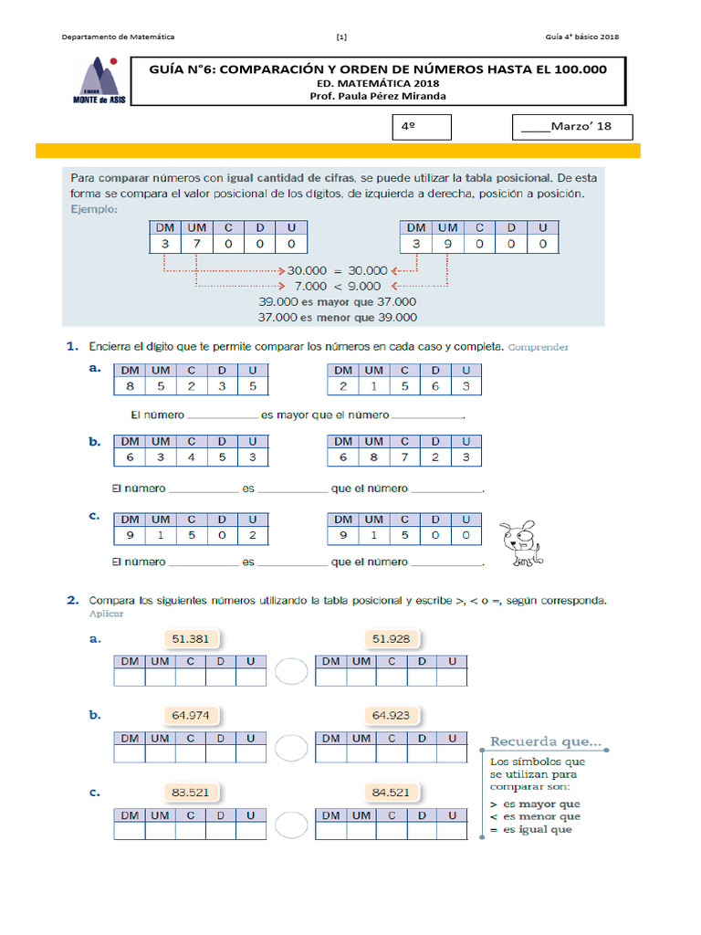 Guía de Matemáticas 4° Básico: Números | PDF