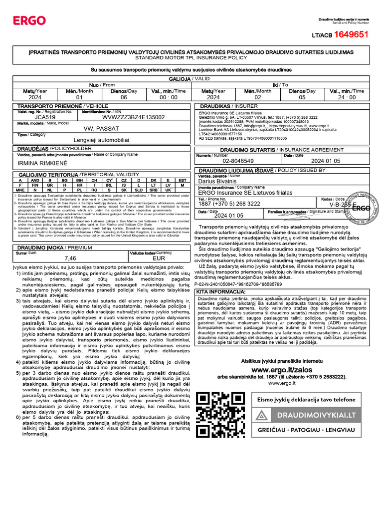 Vairuotojų Privalomojo Draudimo Polisas VW PASSAT (JCA519) | PDF
