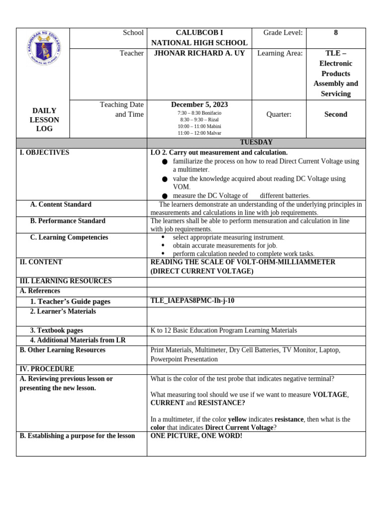 Tle 8 DLL December 5 J 2023 | PDF | Cognition | Learning