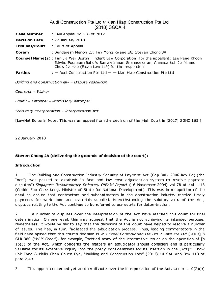 Audi Construction v Kian Hiap Appeal Analysis | PDF | Adjudication ...