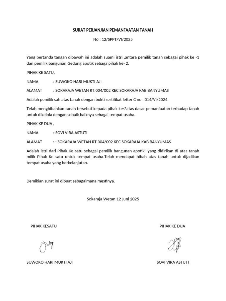 Perjanjian Pemanfaatan Tanah Apotik | PDF