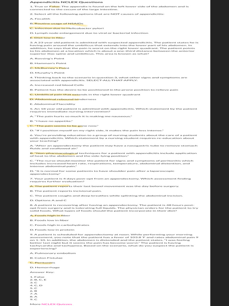 Appendicitis NCLEX Quiz Questions | PDF | Abdomen | Gastroenterology