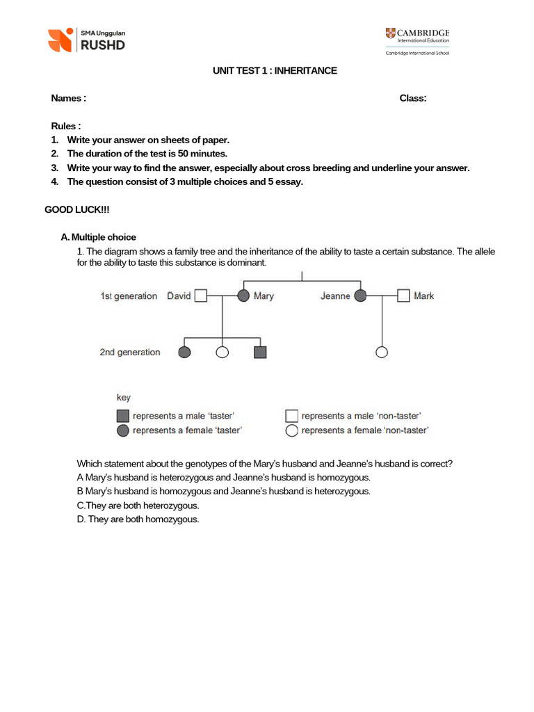 Inheritance Unit Test: Genetics Concepts | PDF | Dominance (Genetics ...