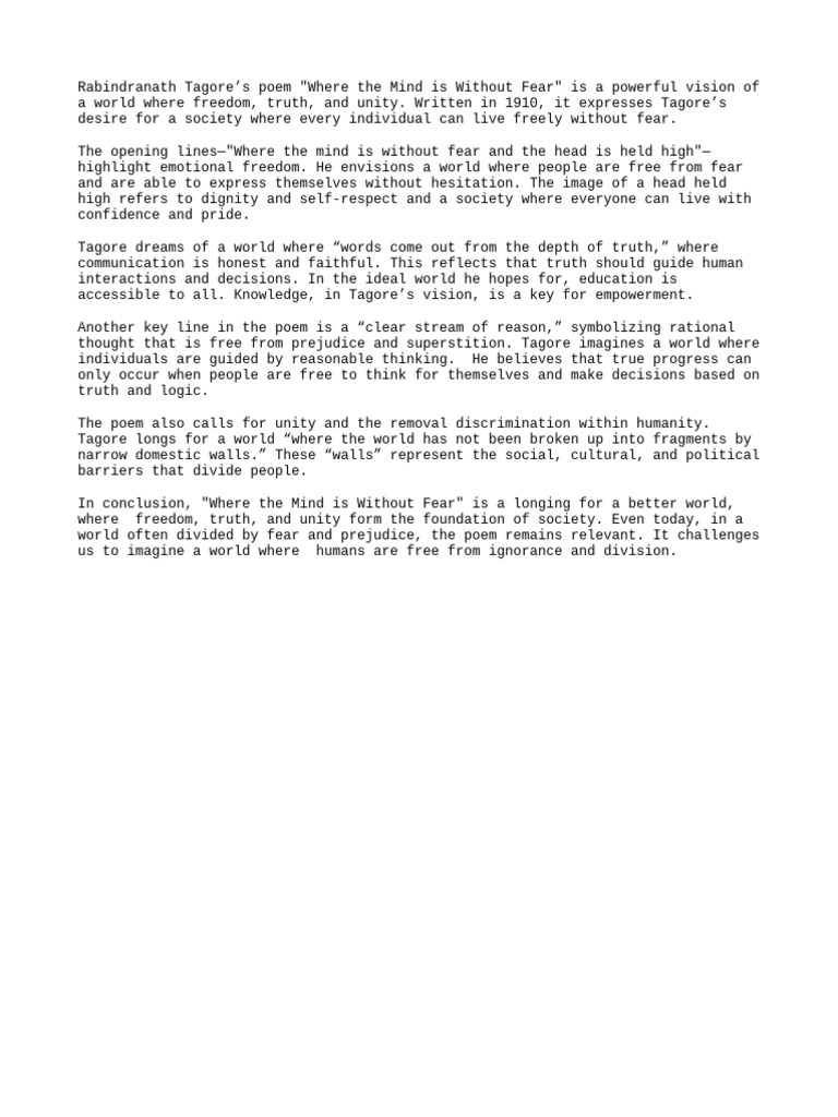 Appreciation For 'Where The Mind Is Without Fear' | PDF