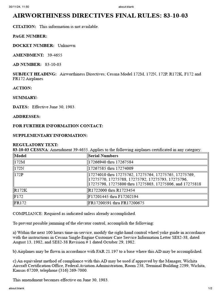 Airworthiness Directive 83-10-03 Cessna | PDF