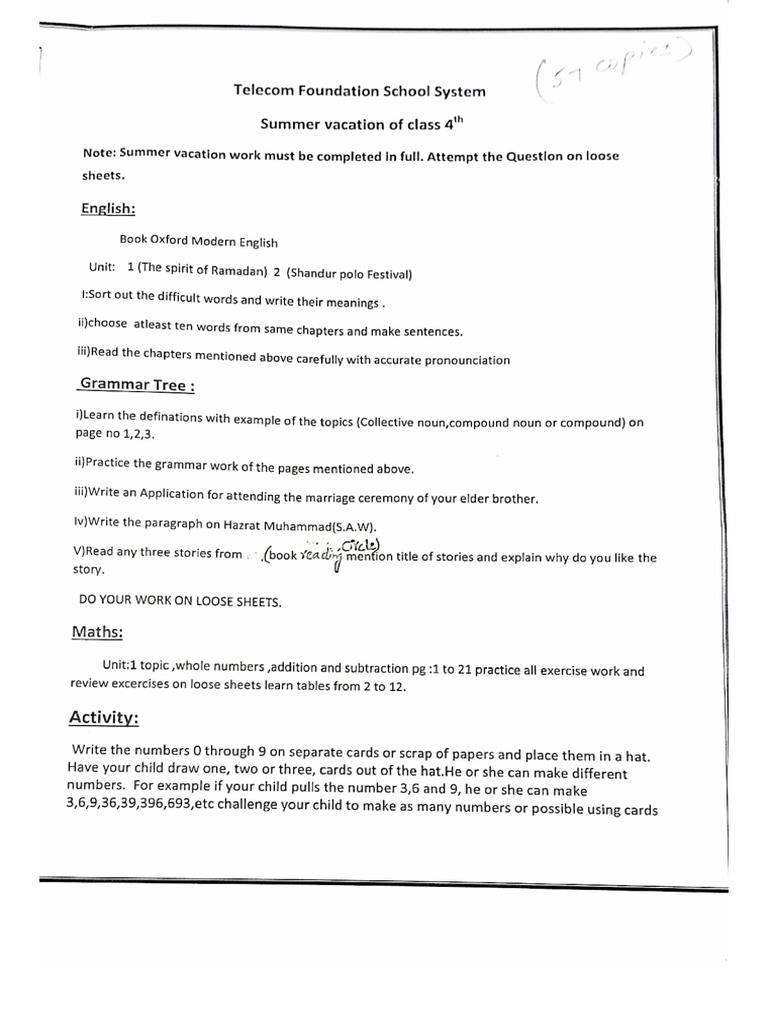 Summer Vacation Class 4 | PDF