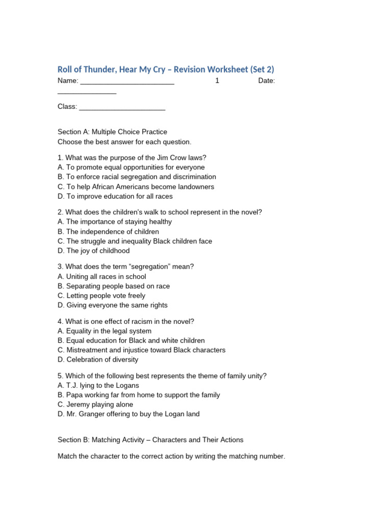 Roll of Thunder Revision Worksheet | PDF | Politics And Race ...