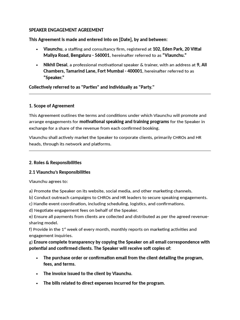 Draft of Speaker Engagement Agreement 16.2.25 | PDF | Value Added Tax ...