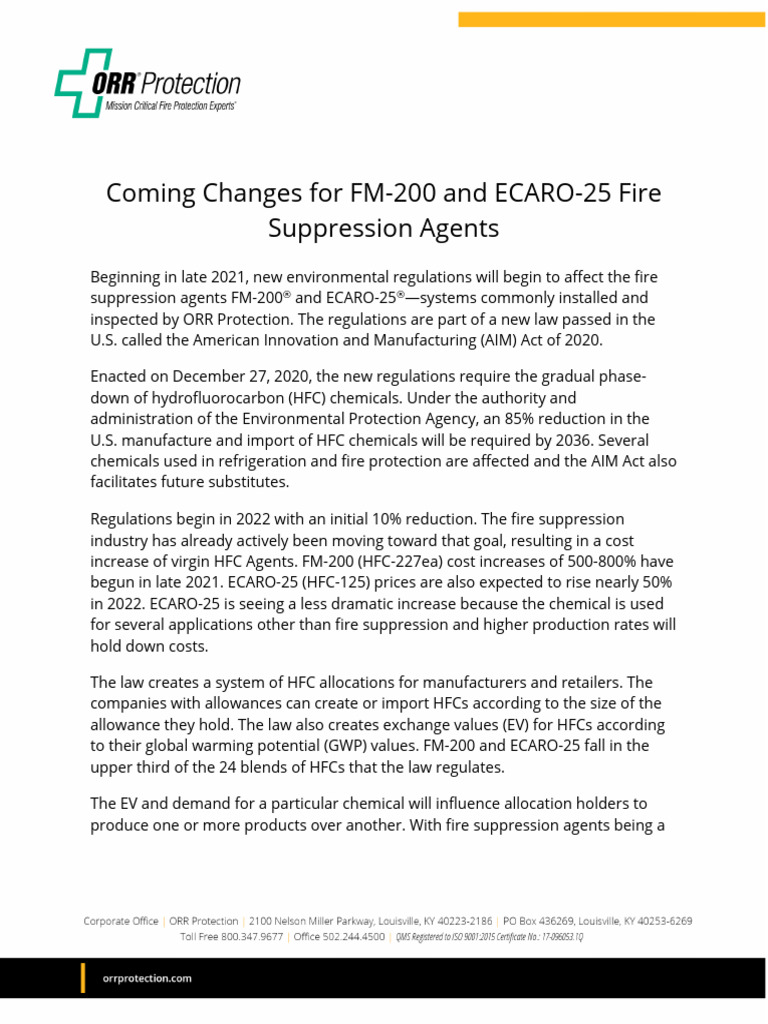 Coming Changes For FM-200 and ECARO-25 Fire Suppression Agents | PDF