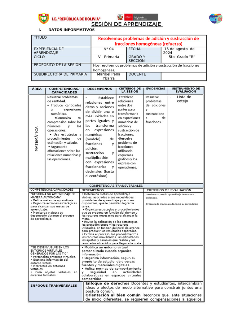 Sesión de Aprendizaje. Refuerzo Mate | PDF | Aprendizaje | Sustracción