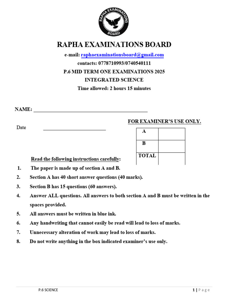 Rapha Examination Board p.6 Science Mid Term Examinations 2025 | PDF