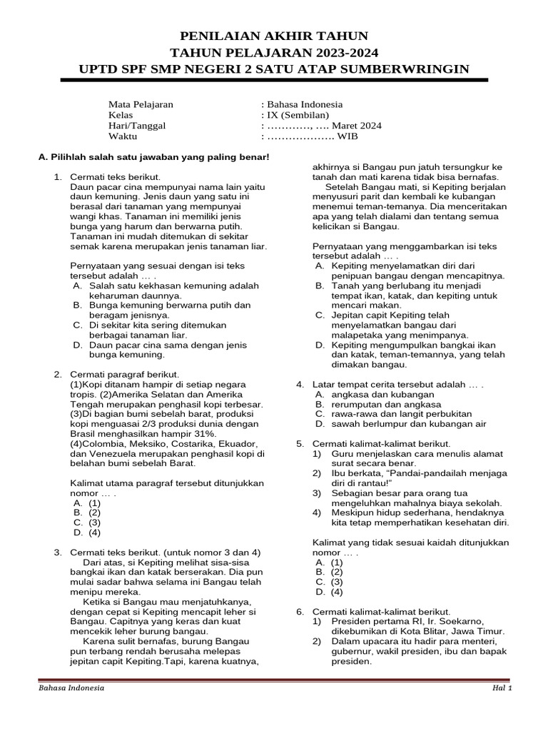 Soal Pat Bhs. Indonesia Kelas 9 k13 - (2023-2024) | PDF