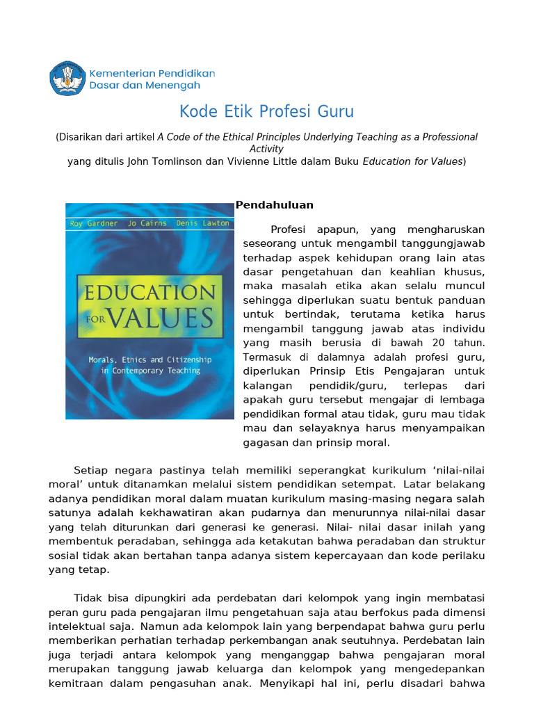 Kode Etik Profesi Guru dan Prinsipnya | PDF