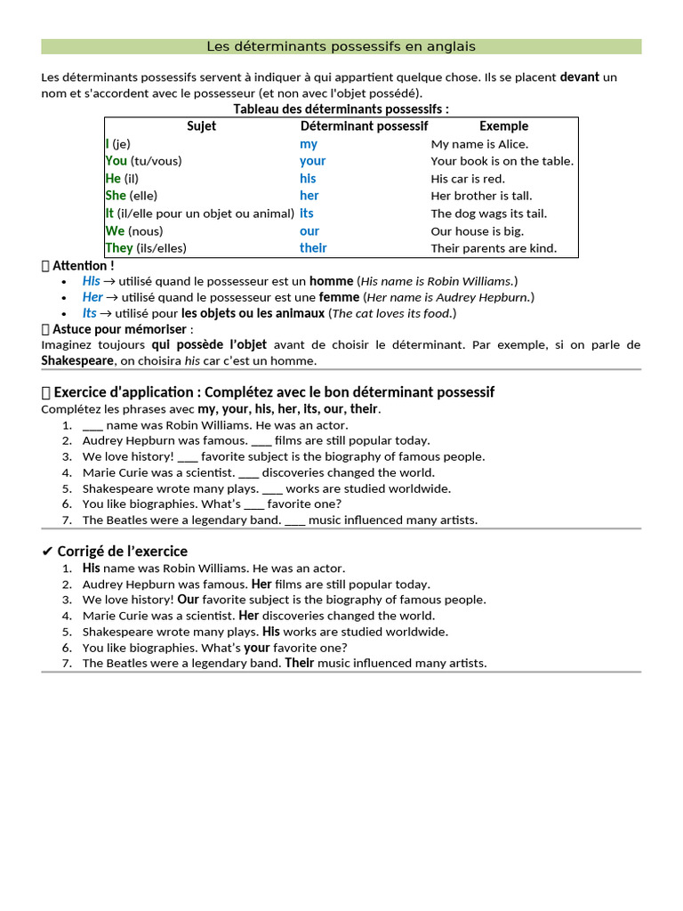 Déterminants Possessifs en Anglais | PDF