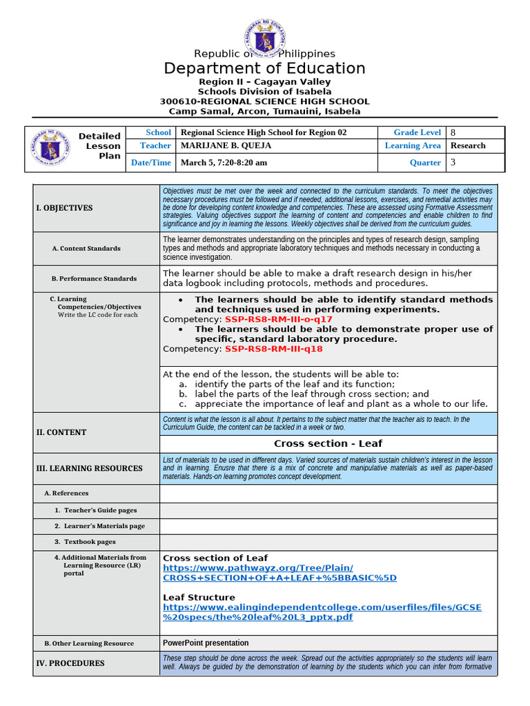 DLL COT 2023 2024 (Cross Section) | PDF | Leaf | Cognition