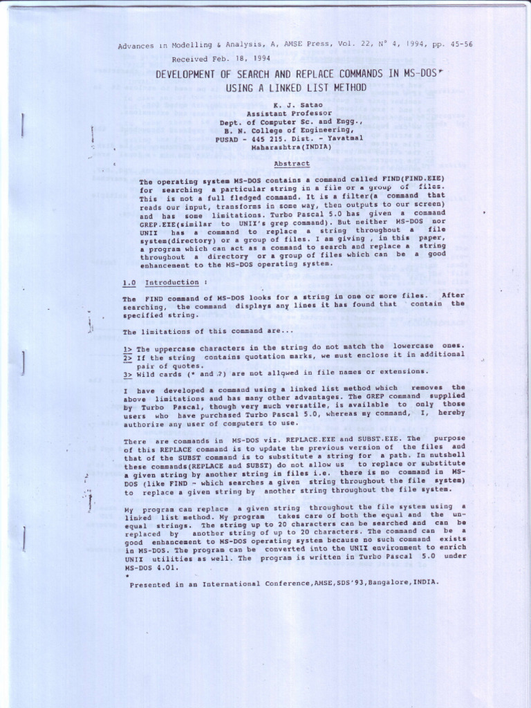 KJS JOURNAL PAPER 3, Development of Search and Replace Commands in MS-DOS Using A Linked List ...