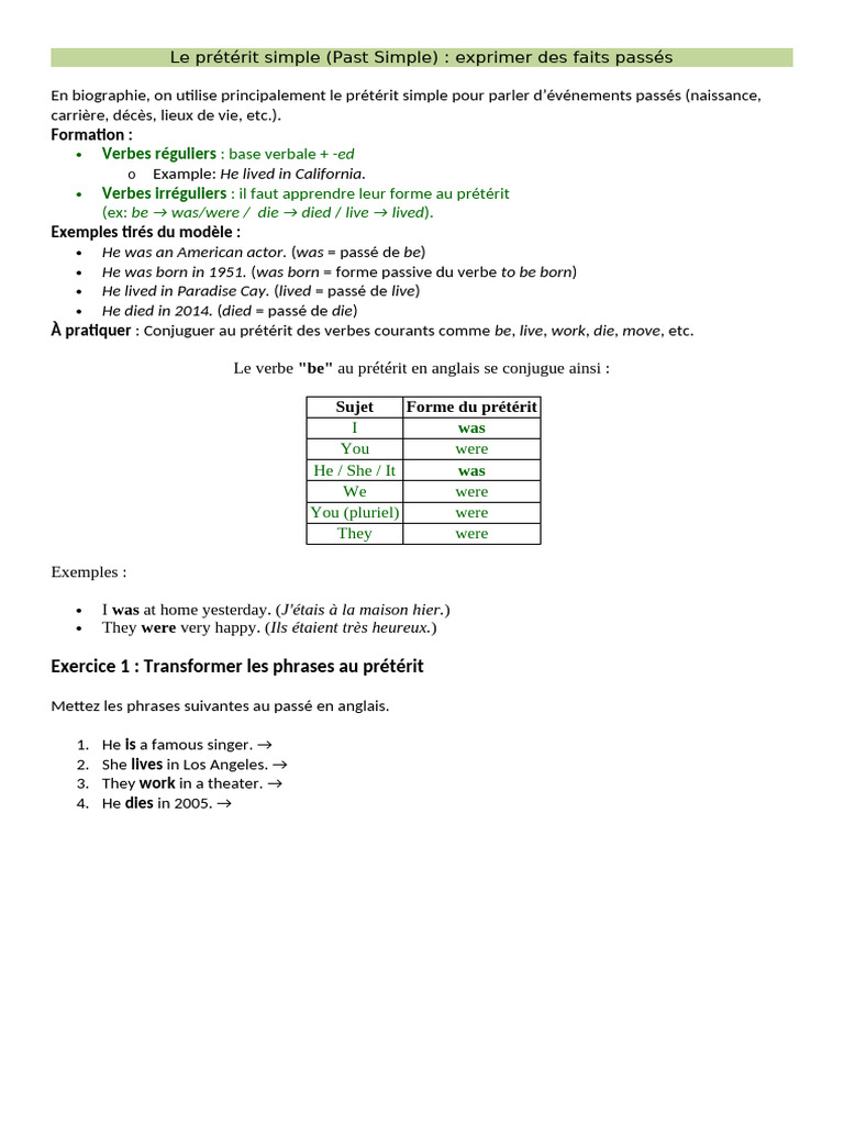 Prétérit Simple en Anglais | PDF