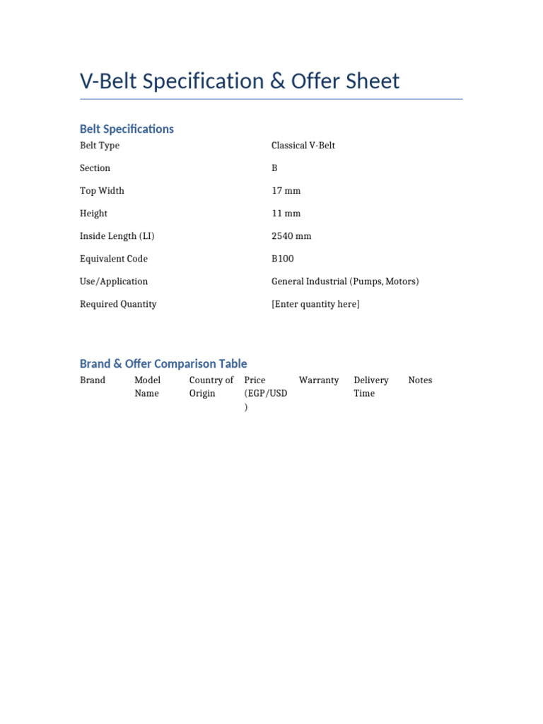 V-Belt Specification & Offer Sheet | PDF