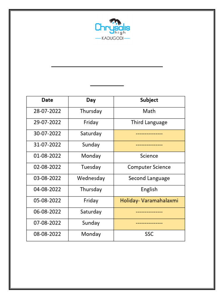 Grade VI-Pre Midterm Exams - Timetable | PDF