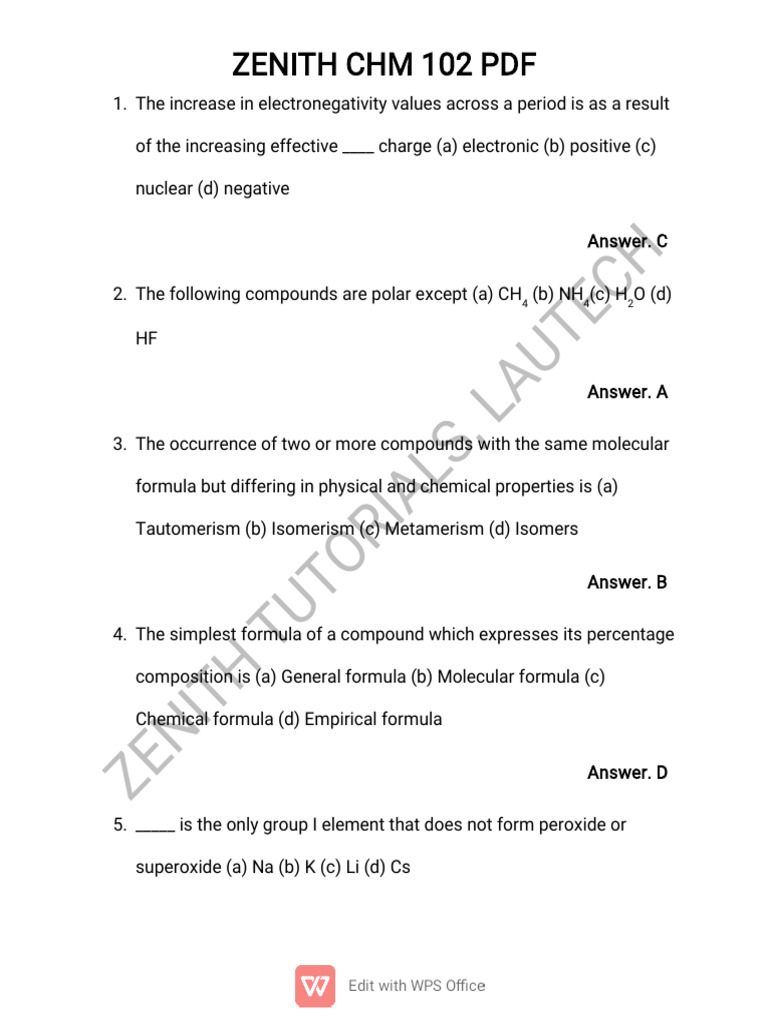 Zenith CHM 102 (Baba Mhi) | PDF | Chemical Bond | Covalent Bond