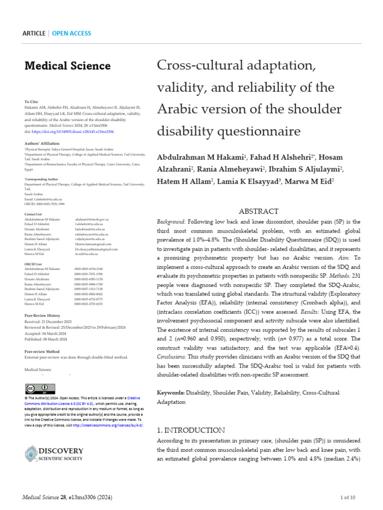 Arabic Shoulder Disability Questionnaire Validity | PDF | Survey ...