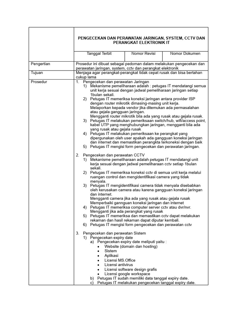 Pengecekan Dan Perawatan Jaringan, System, CCTV Dan Perangkat ...