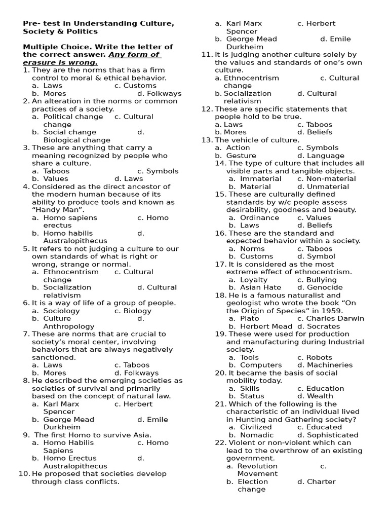 PreTest in Understanding Culture | PDF | Homo | Society