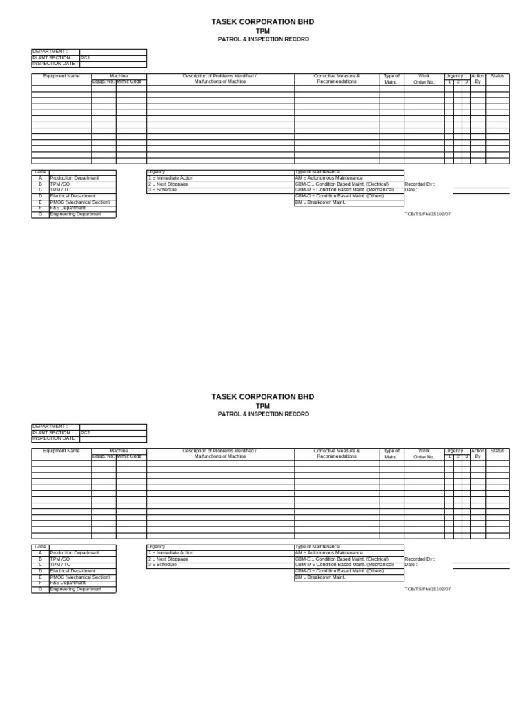 Patrol Inspection Form - 10aug20 | PDF | Mechanical Engineering