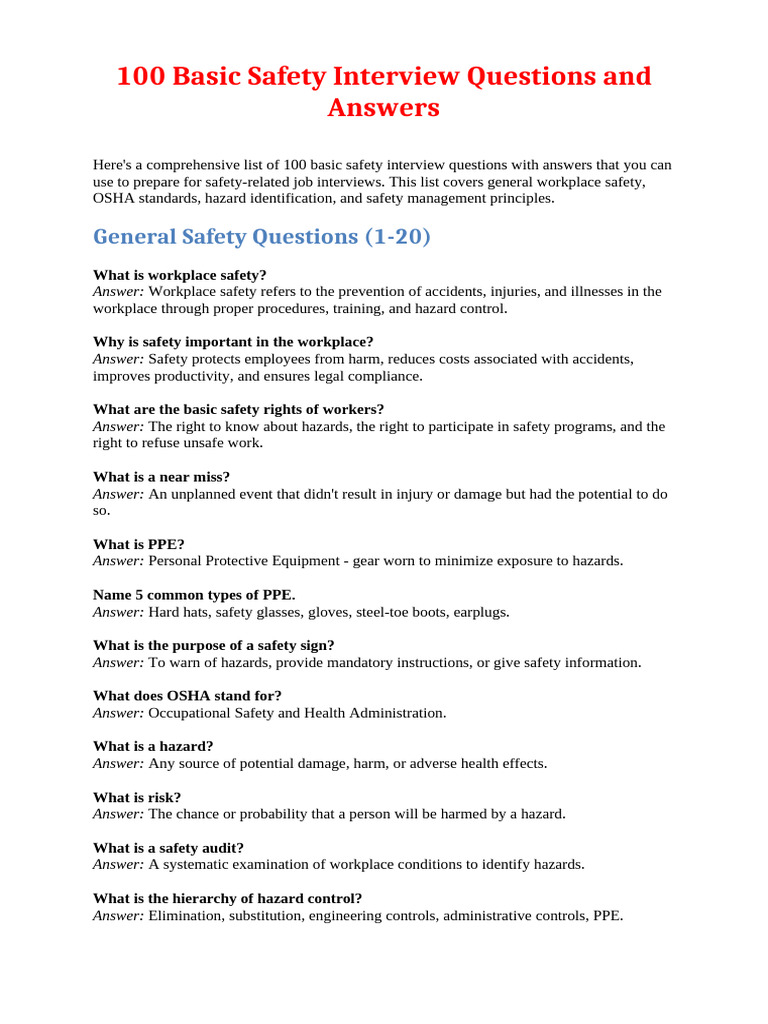 100 Essential Safety Interview Questions | PDF | Personal Protective ...