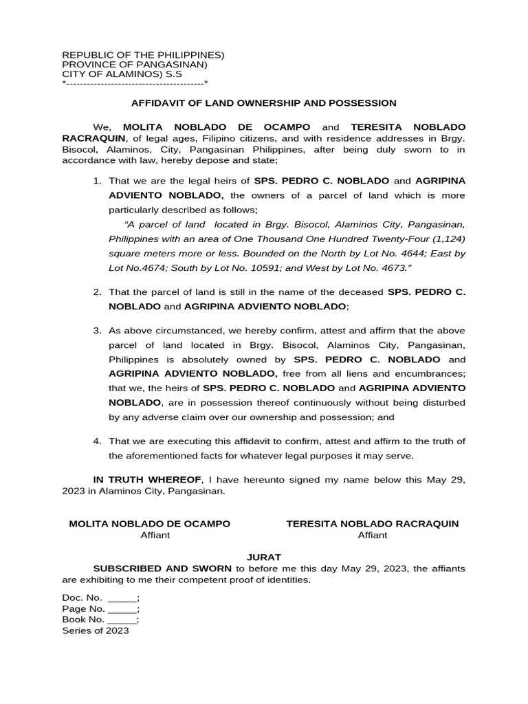 Affidavit of Ownership and Possession | PDF