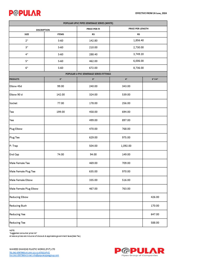 Popular UPVC Pipes Price List 2024 | PDF | Building Engineering ...