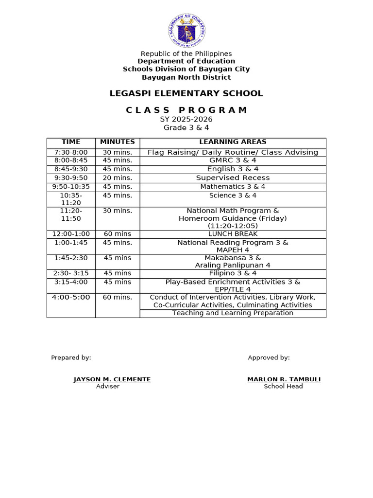 MG Class Program Grade 34 2025 26 LEGASPI ES | PDF