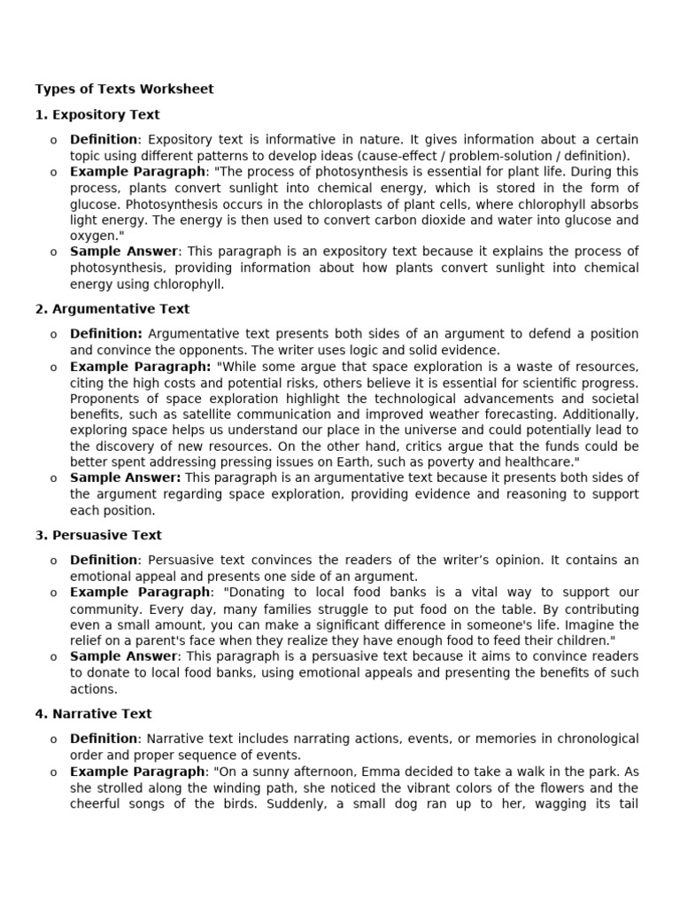 Types of Texts Worksheet | PDF | Photosynthesis | Plants