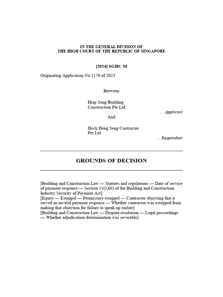 Hiap Seng v Hock Heng: Payment Response Ruling | PDF | Estoppel ...