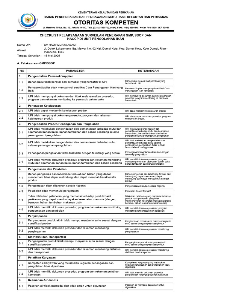 Checklist GMP dan HACCP Pengolahan Ikan | PDF
