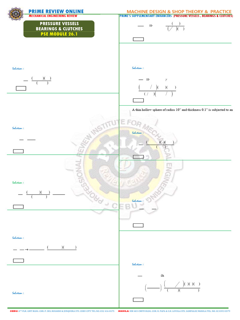 Pressure Vessels, Bearing _ Clutches (PSE Module 26.1) Solution | PDF | Horsepower | Clutch