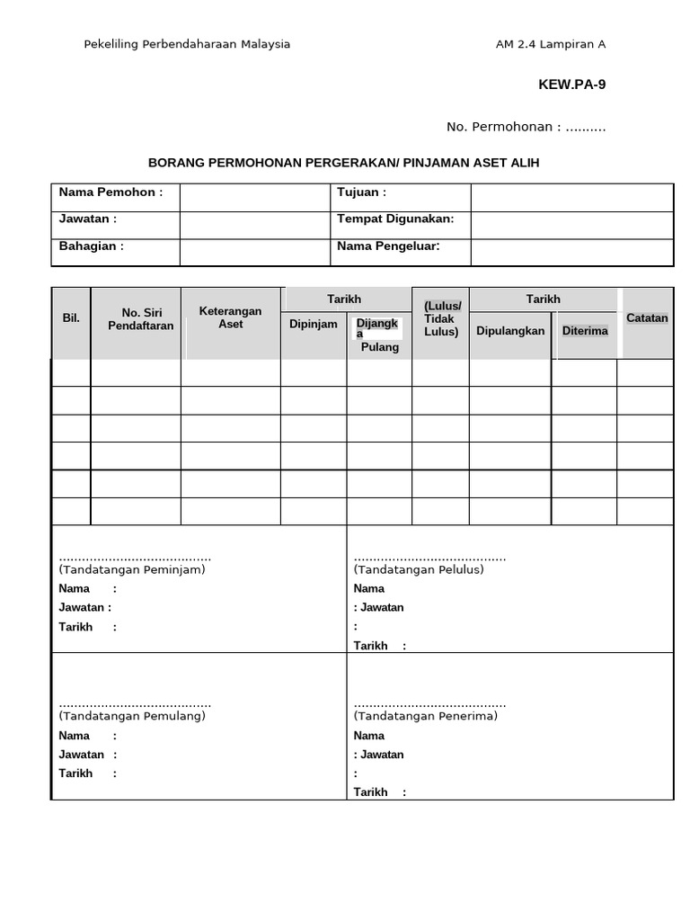Borang Permohonan Pergerakan-Pinjaman Aset Alih - KEW. PA-9 | PDF