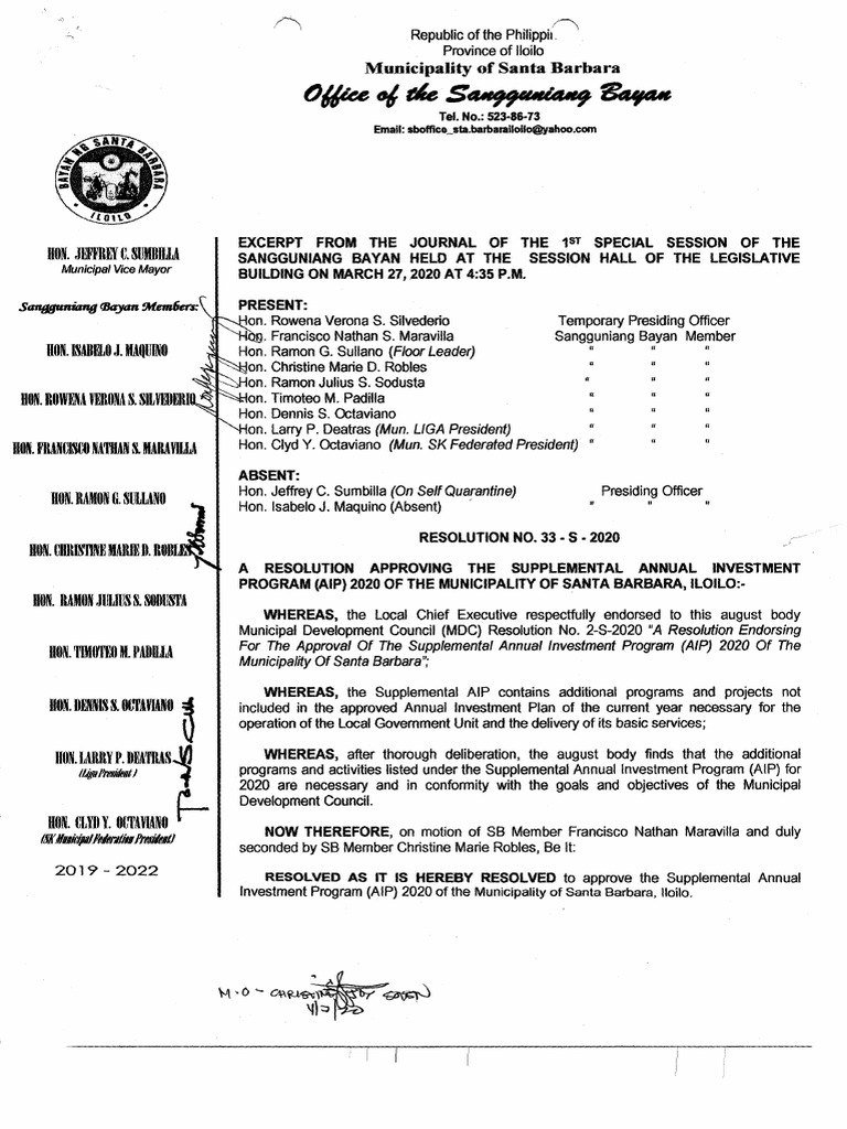 Resolution No. 33-S-2020 - 000212 | PDF | Local Government | Government