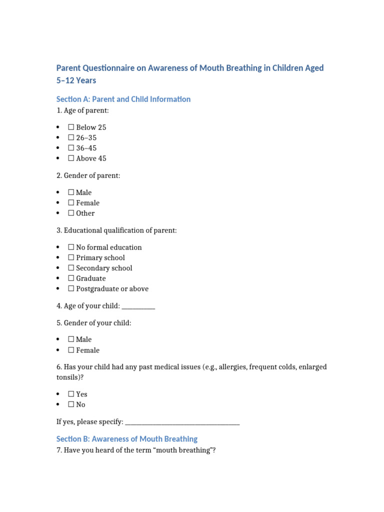 Mouth Breathing Parent Questionnaire | PDF