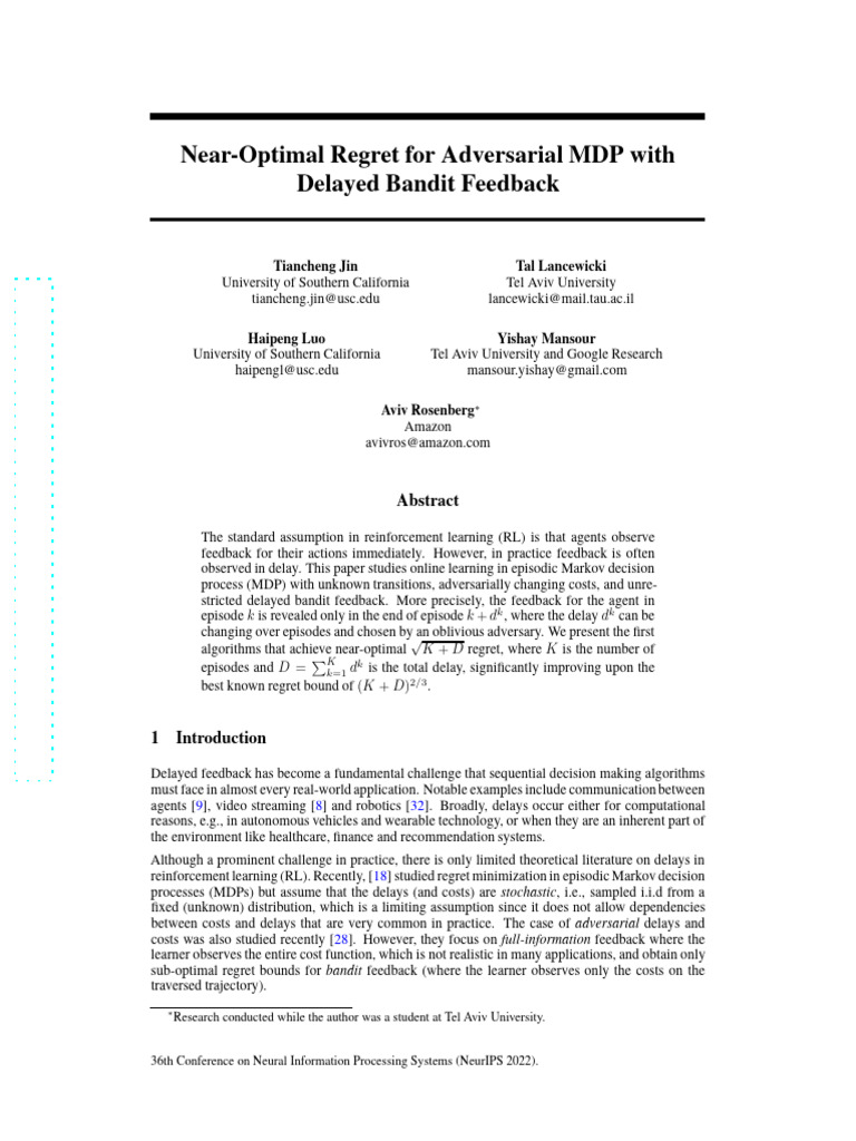 Near-Optimal Regret in Adversarial MDPs | PDF | Applied Mathematics