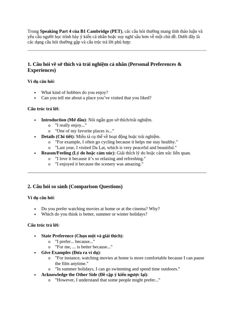 B1 Speaking Part 4: Question Guide | PDF